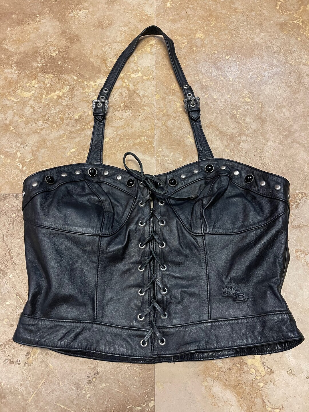 HARLEY DAVIDSON Leather Halter Top Studded Lace up HD Motorcycle Biker ...