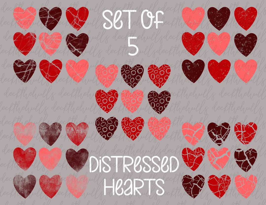 Set of 5 Distressed Style Hearts Valentine’s Day PNG Digital Download ...