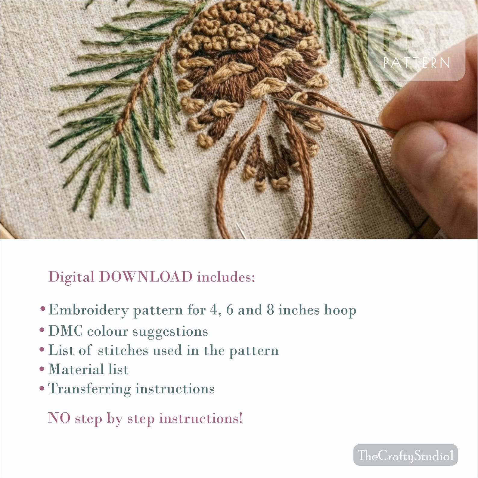 Hand Embroidery Pine Cone Pattern PDF | Pine Embroidery Design ...