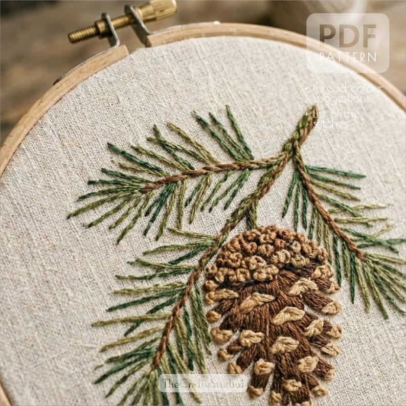 Hand Embroidery Pine Cone Pattern PDF | Pine Embroidery Design ...
