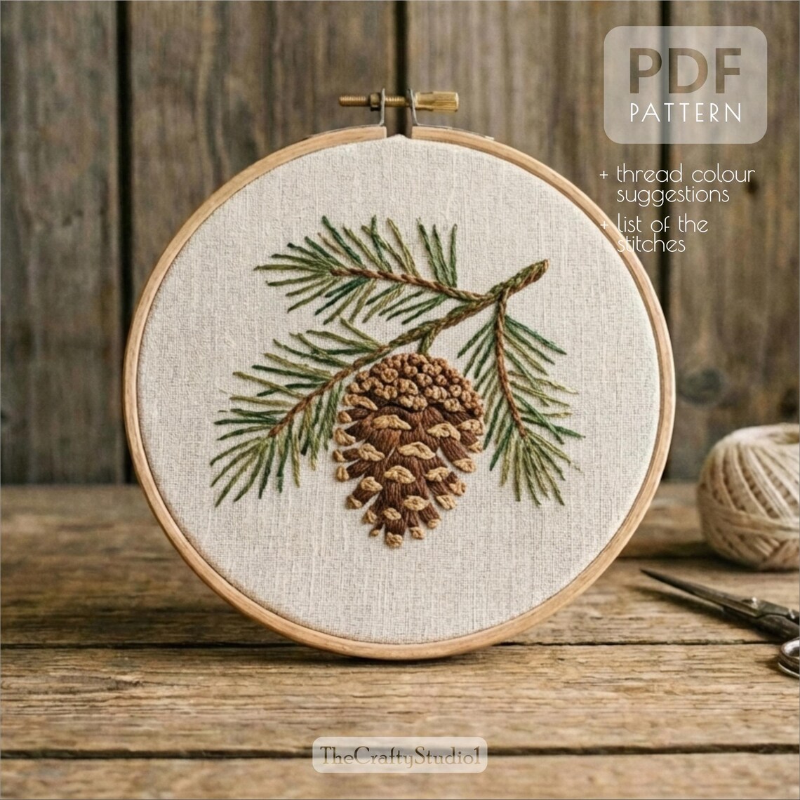 Hand Embroidery Pine Cone Pattern PDF | Pine Embroidery Design ...