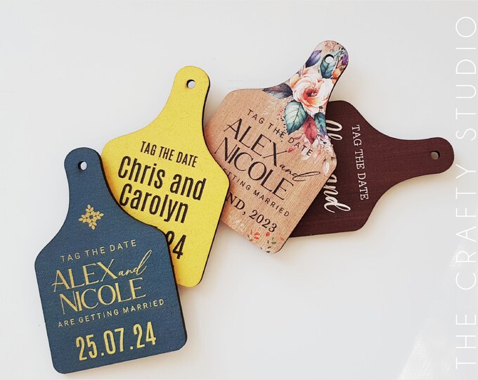 Save the Date Cow Ear Tag Magnets, Wooden Magnet Save the Date by Oxee ...