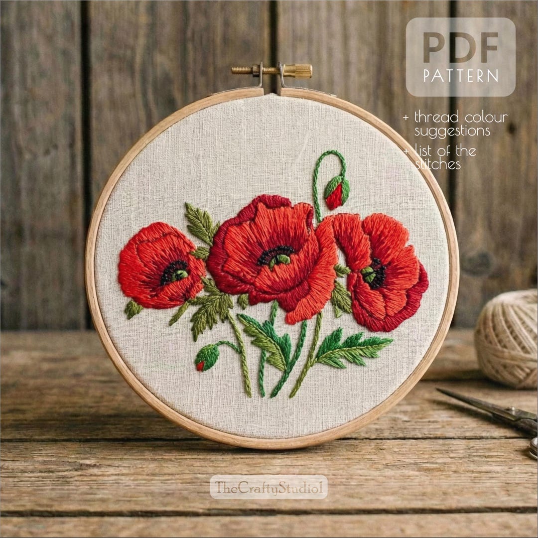 Hand Embroidery Poppy Field Pattern PDF | Red Poppy Embroidery Design ...