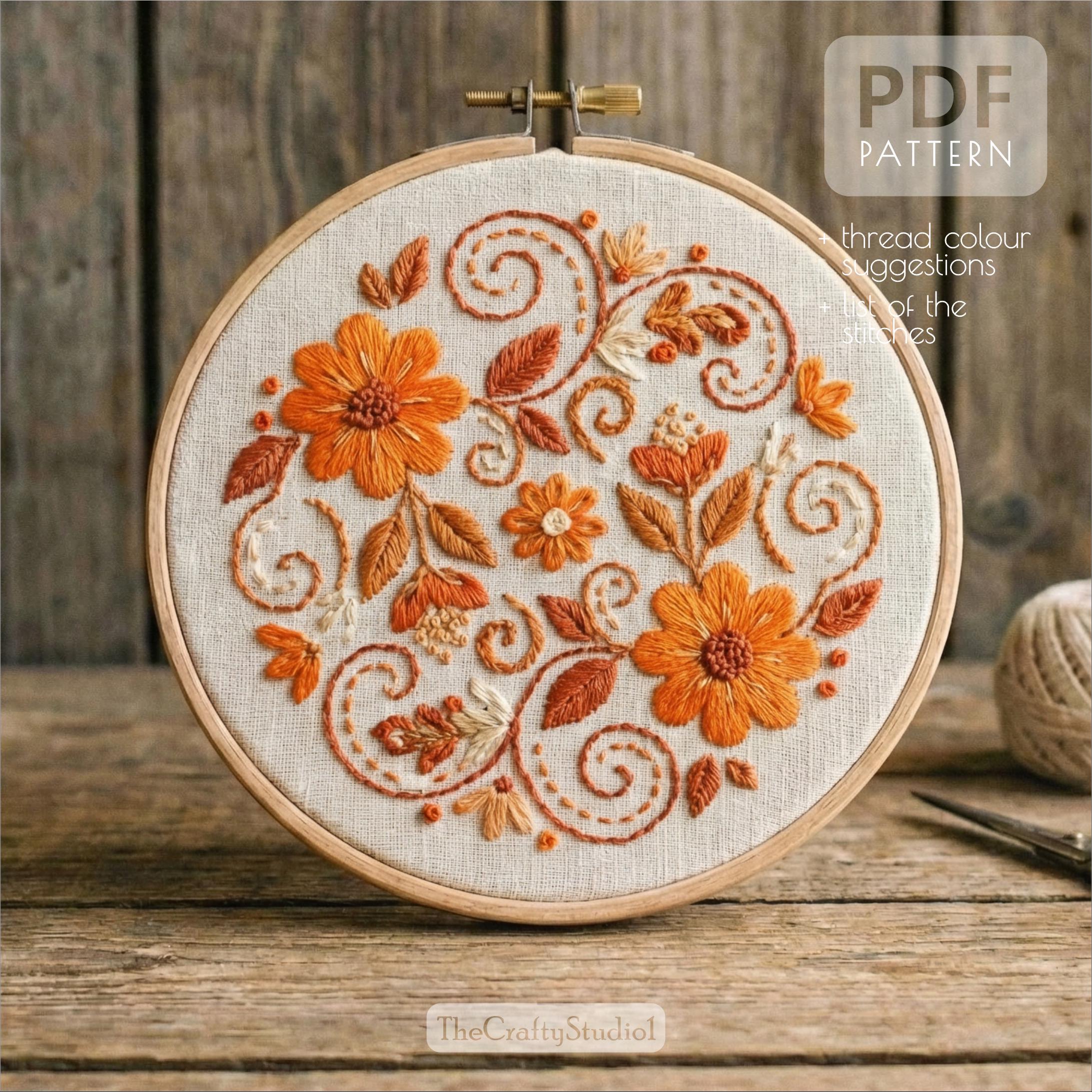 Hand Embroidery Orange Floral Pattern PDF | Floral Circle Embroidery ...