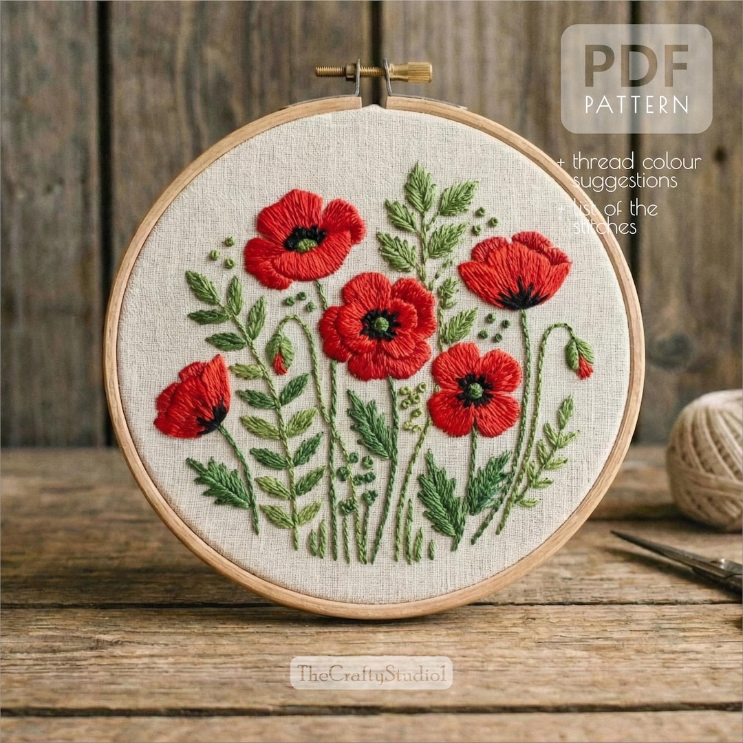 Hand Embroidery Poppy Field Pattern PDF | Red Poppy Embroidery Design ...