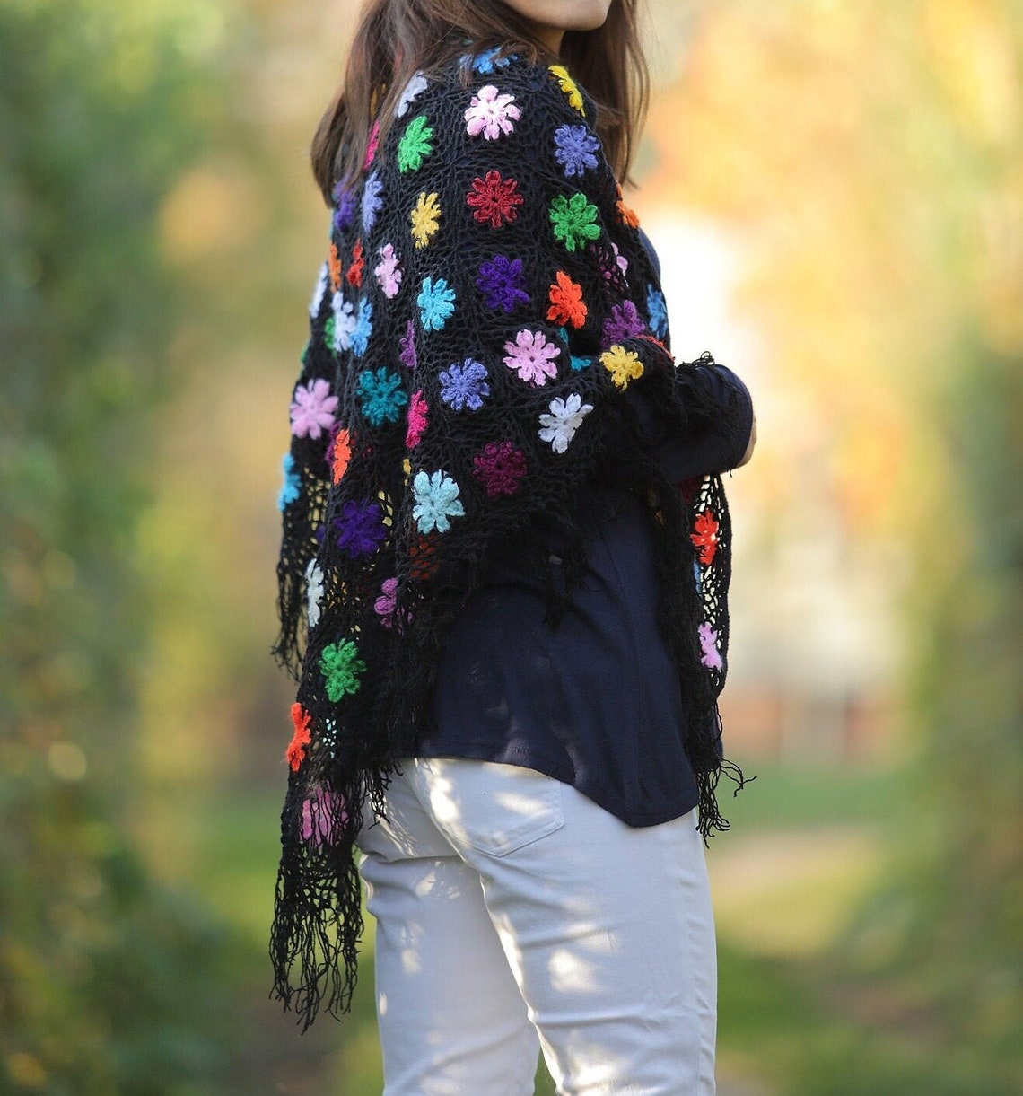 Crochet Wrap Shawl_ Floral Shawl_ Handmade Shawl for Autumn - Etsy