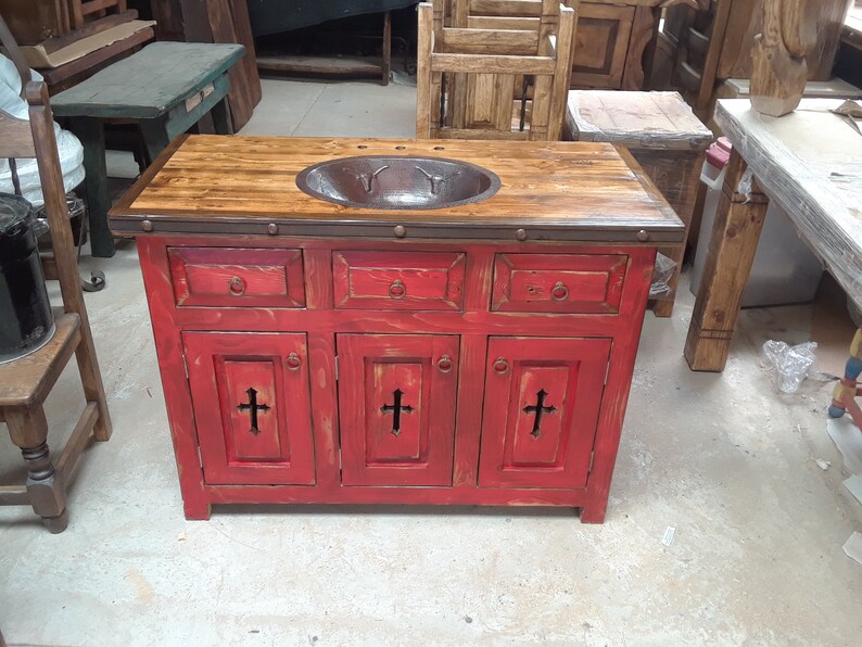 Red Wash Rustic Reclaimed Wood Vanity With Storage Copper - Etsy