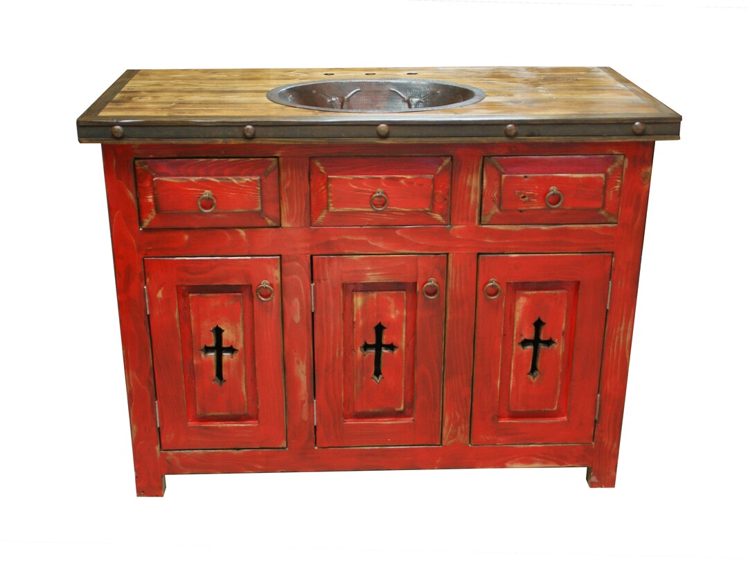 Red Wash Rustic Reclaimed Wood Vanity With Storage, Copper Sinks - Etsy