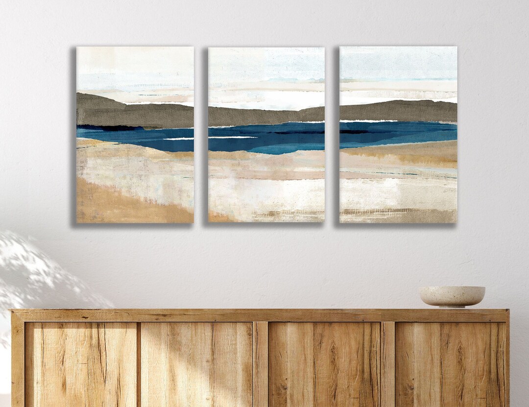 Abstract Coastal Landscape Triptych / Coastal Fine Art Prints / Indigo Blue & Brown Landscape ...