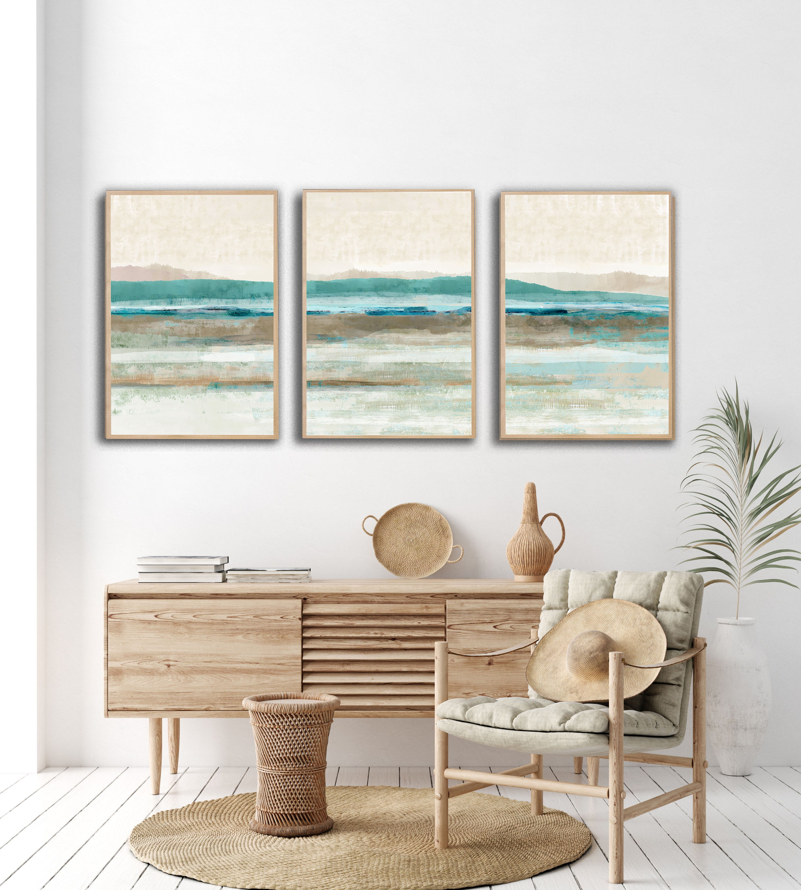 Large aqua abstract seascape set of 3 / coastal landscape | Etsy