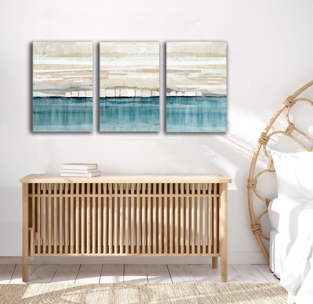 Soft Blue and Grey Coastal Triptych / Ocean Wall Art Set of 3 / Serene Living Room Art / Duck ...