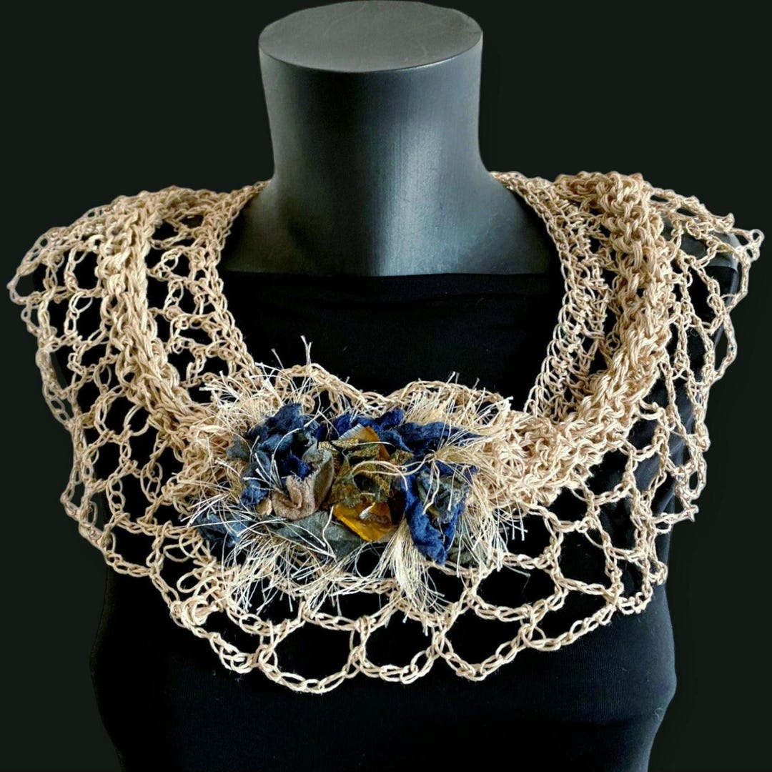 Luxury Natural Linen Crochet Collar Necklace Rustic Boho Cape Wearable ...
