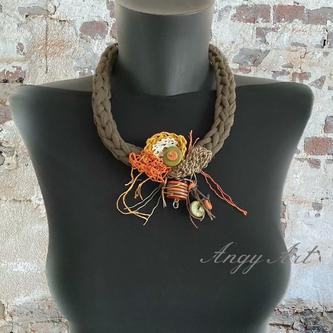 Rustic Rope Statement Necklace – Handmade Khaki Cotton Fiber Art Choker ...