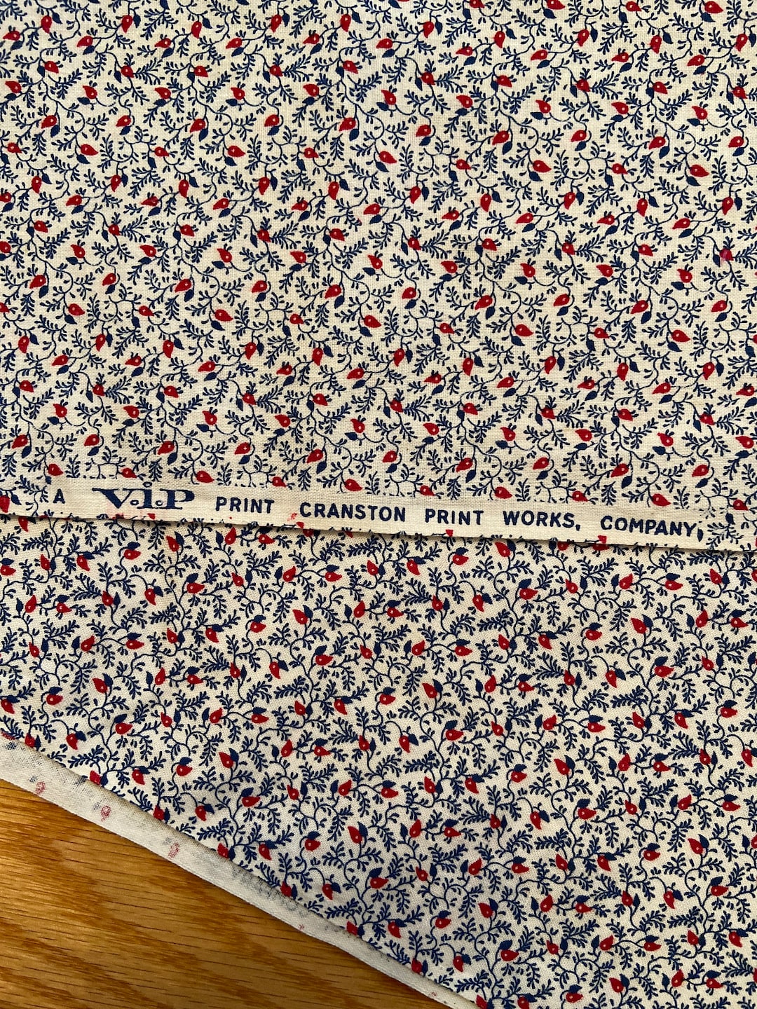 Vintage Cranston Print Works Company Fabric Blue and Red Mini Floral ...
