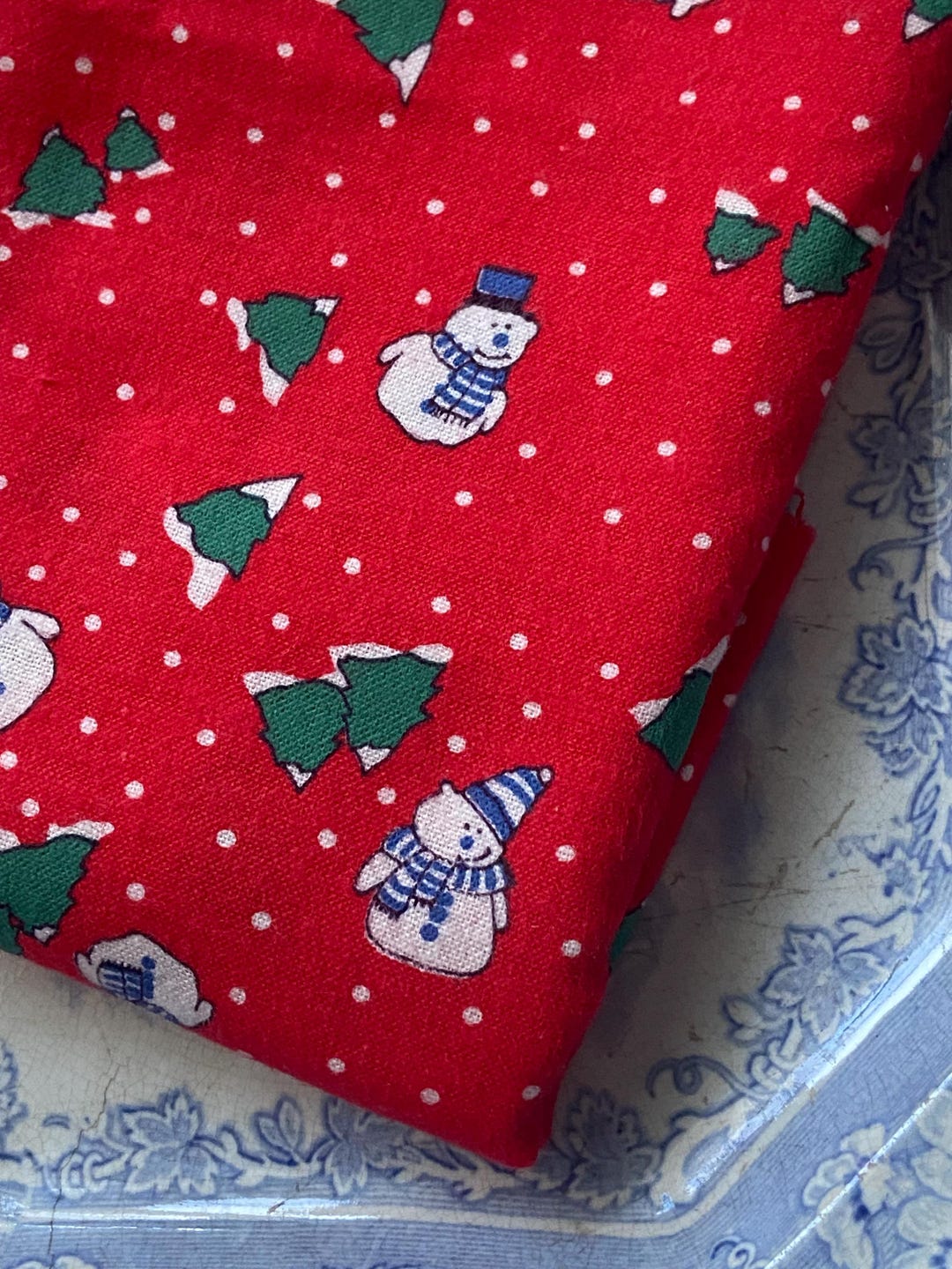 VTG Polar Bear Snowman Flannel Fabric Red Dot Flannel Snow Scene Fabric ...