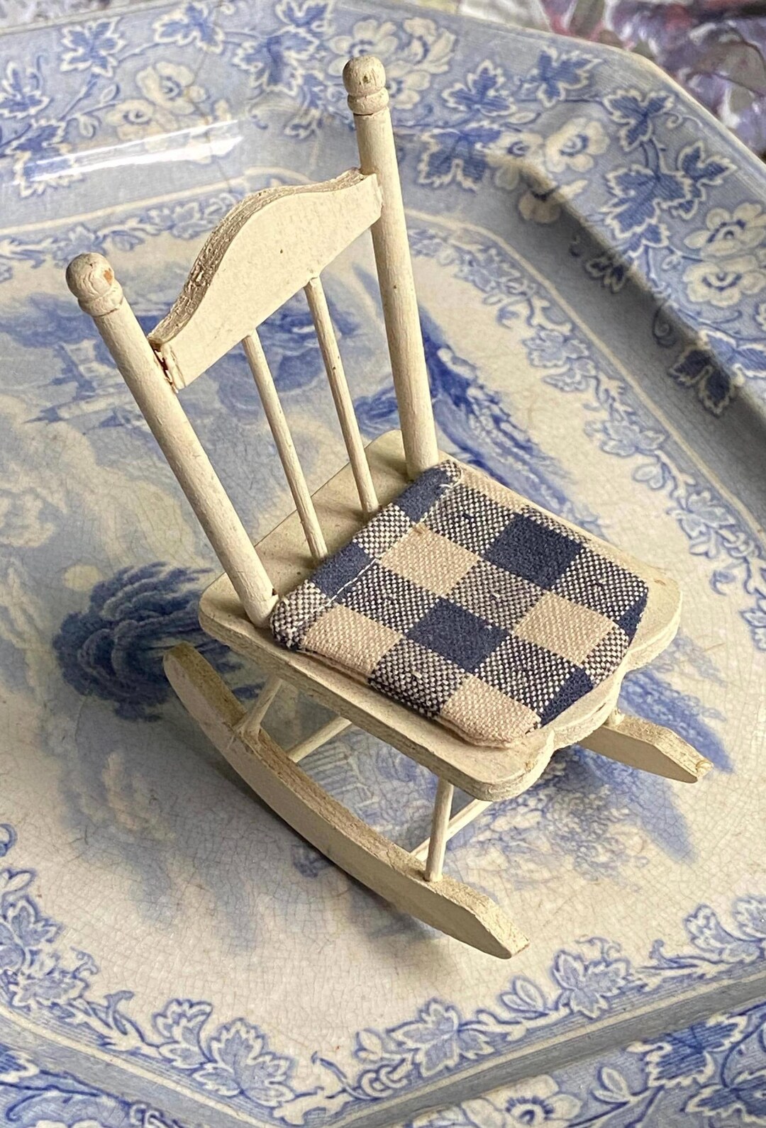 Vintage Wooden Doll Rocking Chair With Blue Plaid Seat Cover - Etsy
