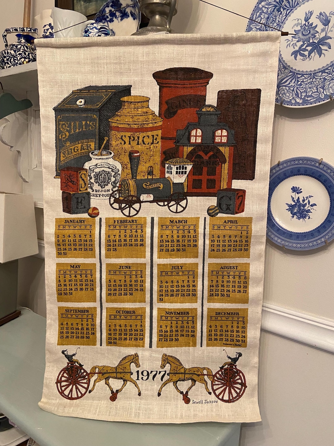 Sewell Jackson 1977 Linen Wall Calendar on Wooden Dowel - Colonial ...