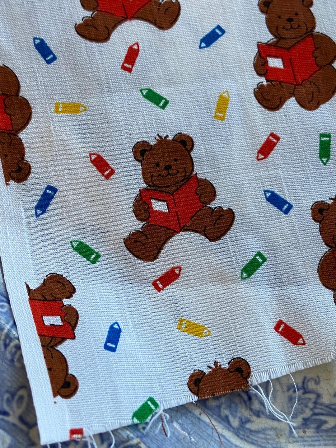 Vintage Teddy Bear Fabric Remnant With Puff Hearts and Crayons - Etsy