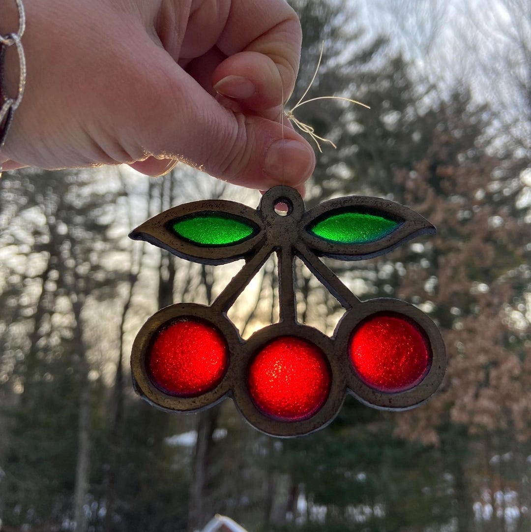 Vintage Stained Glass Cherries Suncatcher - Three Cherries Sun Catcher ...