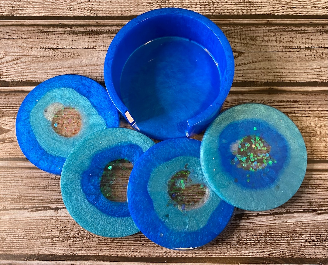Shades of Blue Coaster Set Coasters W/ Holder Resin Coaster Set Set of ...