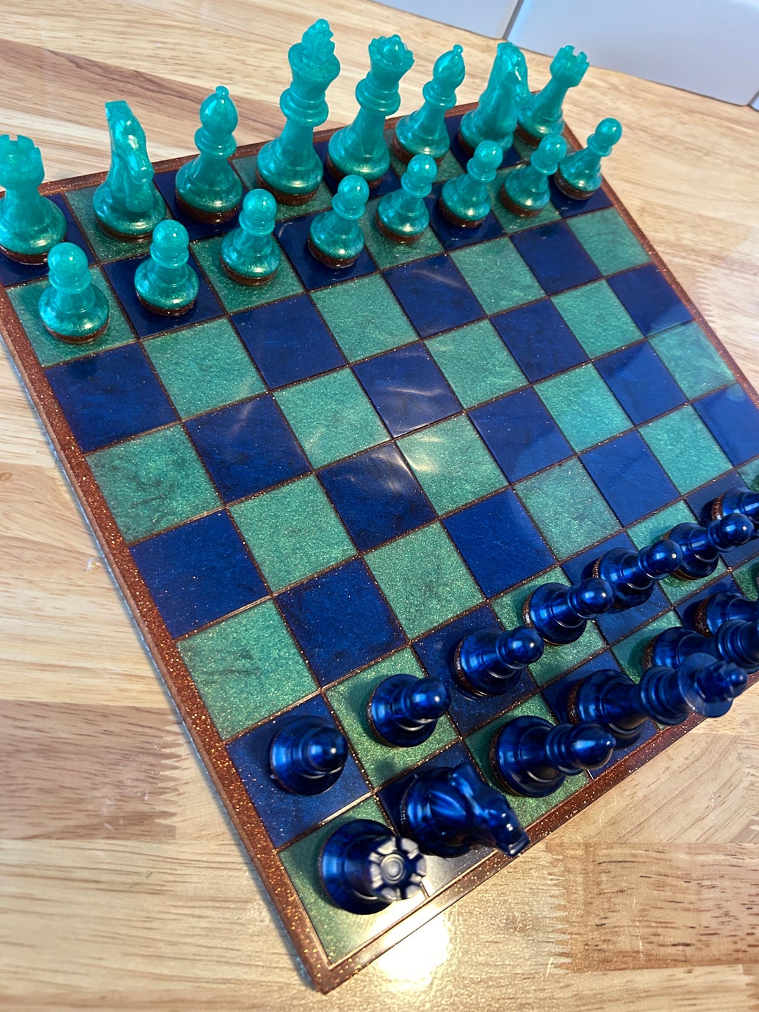 Handmade Indigo Jade Resin Chess Set: 11" Board With Checkers - Etsy