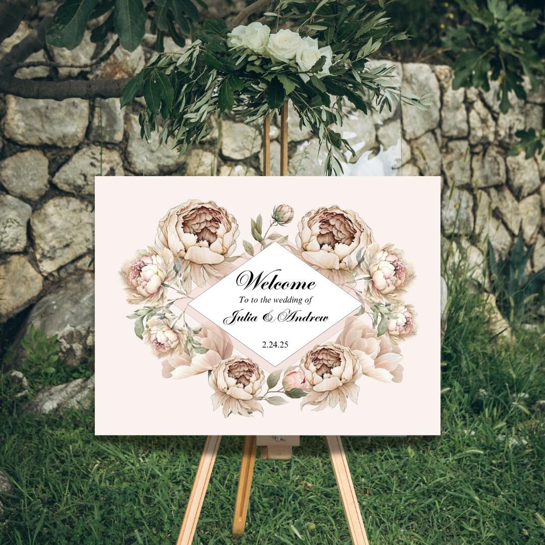 Peony Floral Wedding Welcome Sign, Blush Peony Welcome Poster, Welcome ...