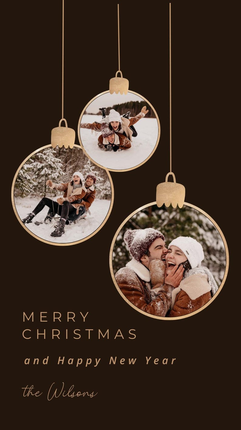 Christmas Photo Card, Digital PHOTO CHRISTMAS CARD, Gold Ornaments ...