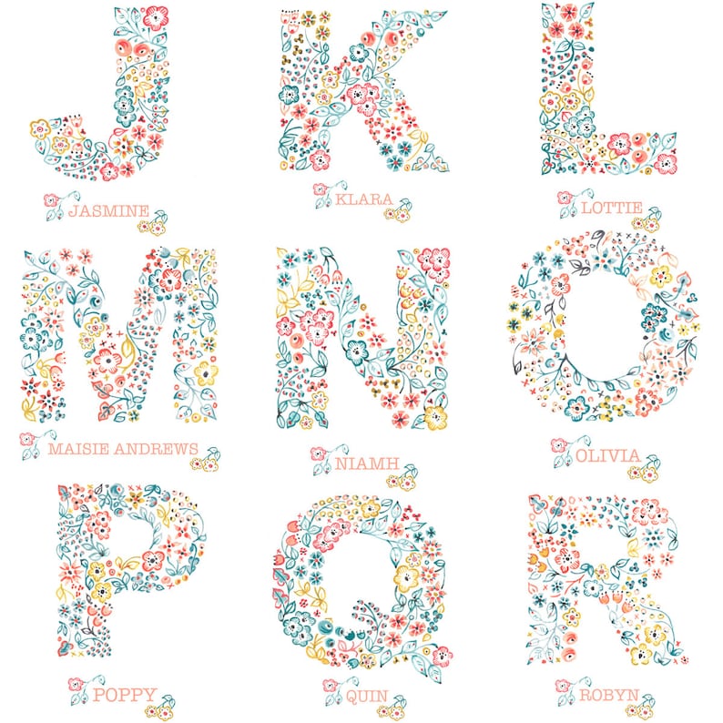 Personalised Floral Letter and Name Nursery Print - Etsy