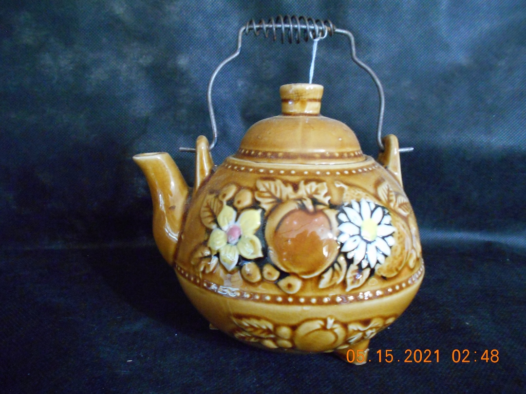 Brown Embossed Teapot With Wire Handle - Etsy