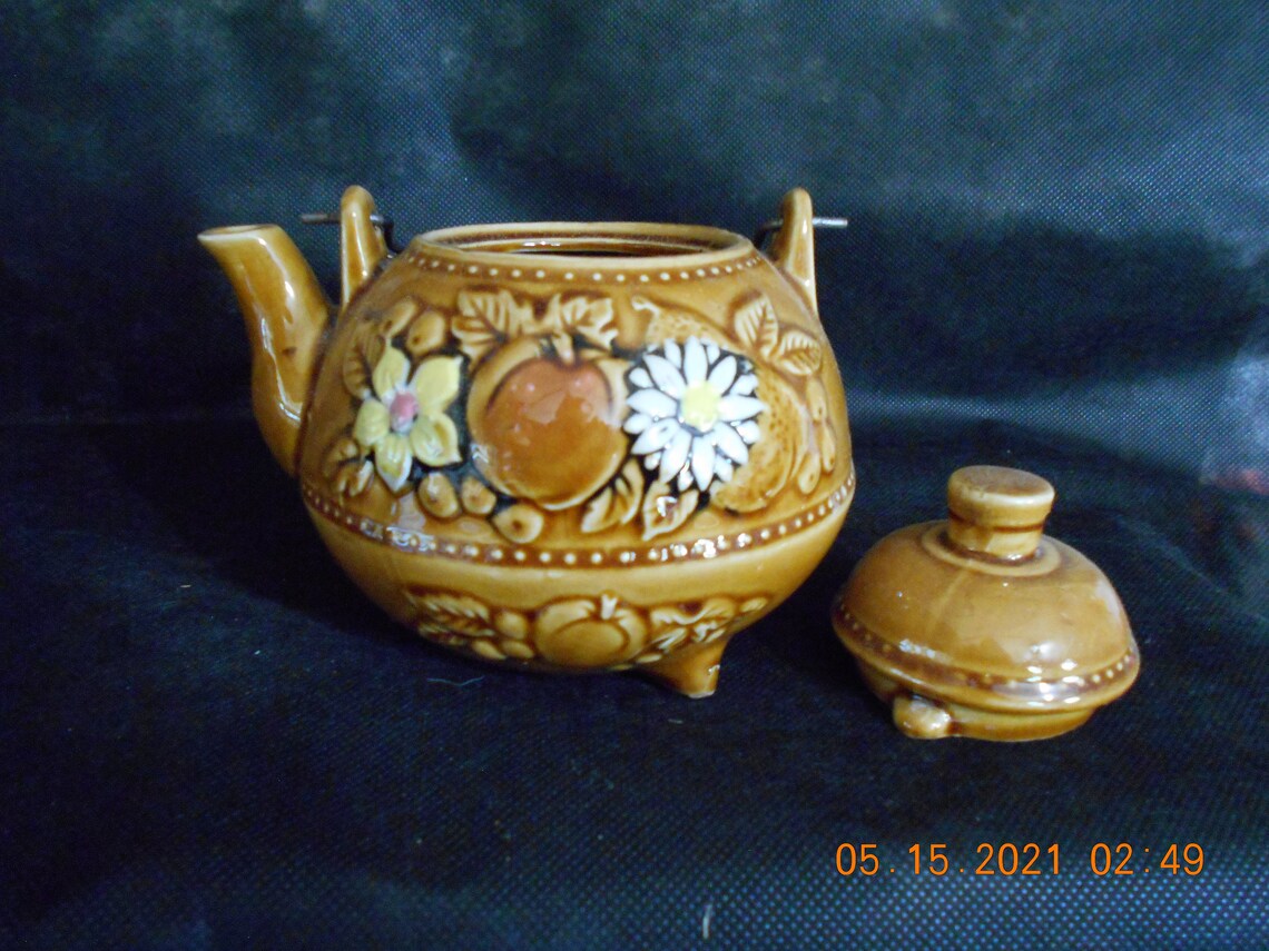 Brown Embossed Teapot With Wire Handle - Etsy