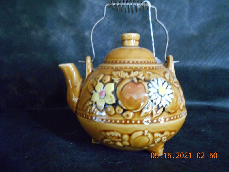 Brown Embossed Teapot With Wire Handle - Etsy