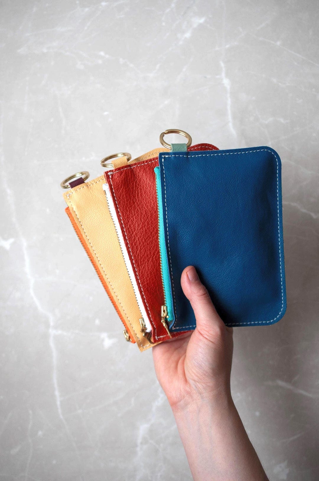 Colorful Leather Coin Purse Keychain , Minimalist Handmade Zipper ...