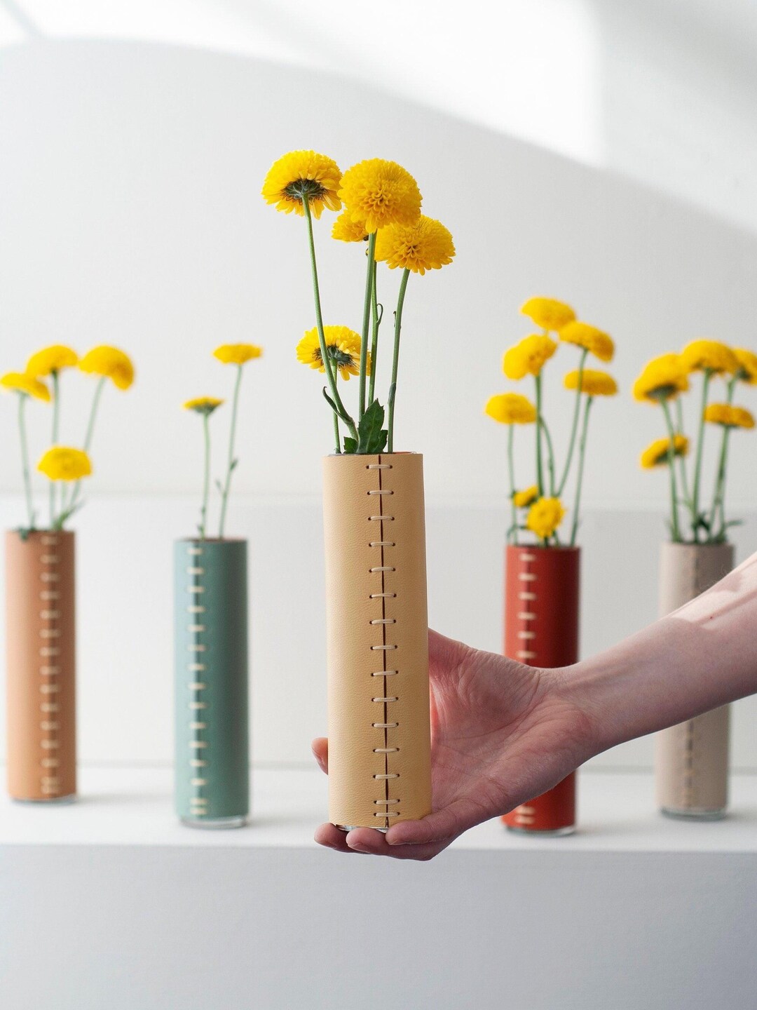 Single Stem Small Vase Leather Wrapped Flower Bud Vase Slim Minimalist ...