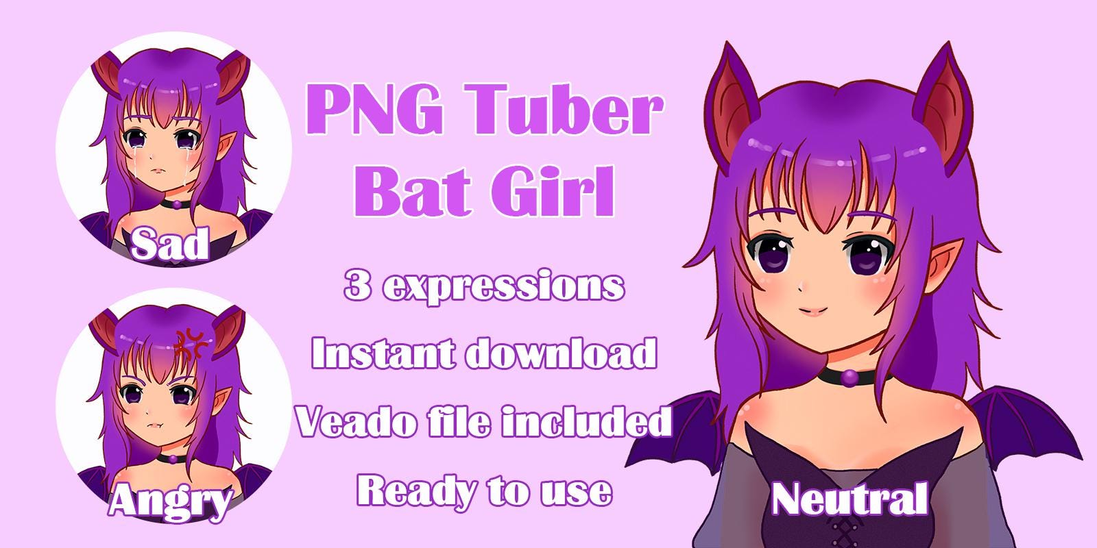 Cute Bat Girl PNG Tuber in Anime Style Ready to Use for Streaming ...