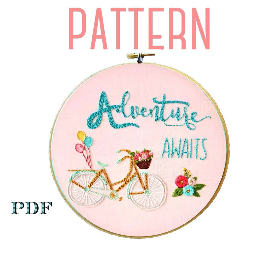 Adventure Awaits Floral Embroidery Pattern, Bike Embroidery Design,hand ...