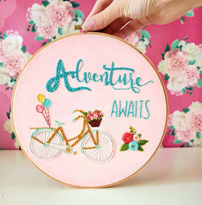 Adventure Awaits Floral Embroidery Pattern Bike Embroidery - Etsy