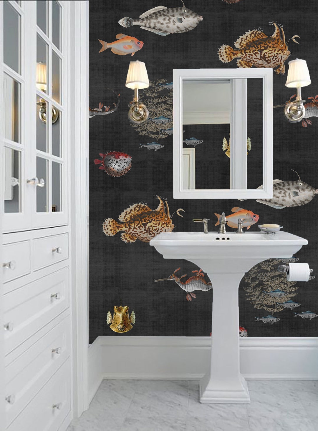 Curious Fish Large Scale | Black | Peel 'n Stick or Prepasted Wallpaper ...