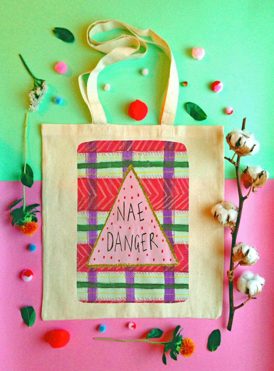 NAE DANGER Tote Bag, Scottish Slang Phrase Illustrated Tote, Tartan ...