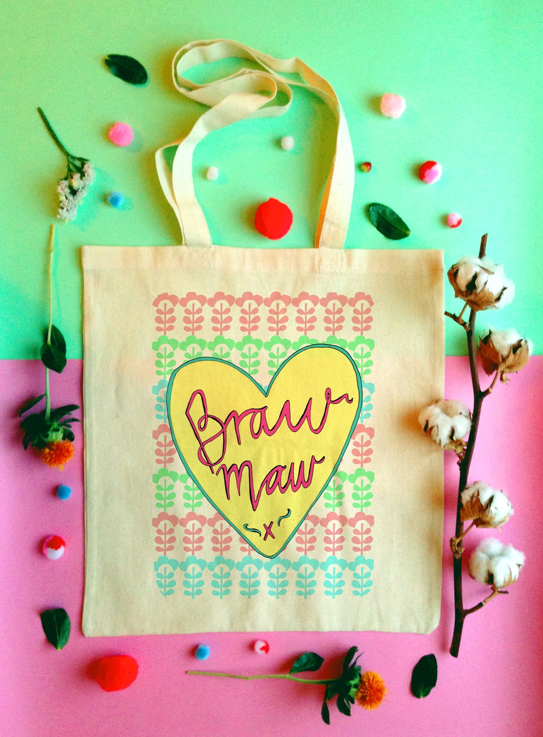 BRAW MAW Tote Bag, Scottish Slang Phrase Illustrated Tote, Mothers Day ...