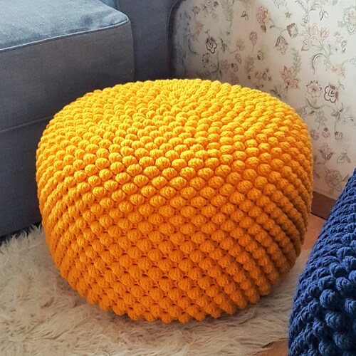 Crochet Yellow Round Pouf / Large Wool Ottoman / Knit Floor - Etsy