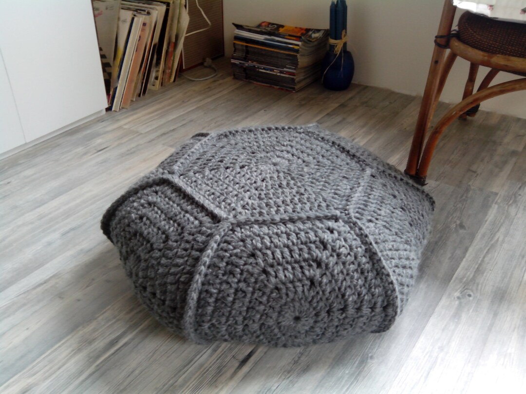Crochet Grey Pouf Ottoman, Large Floor Cushion, Crochet Footstool - Etsy