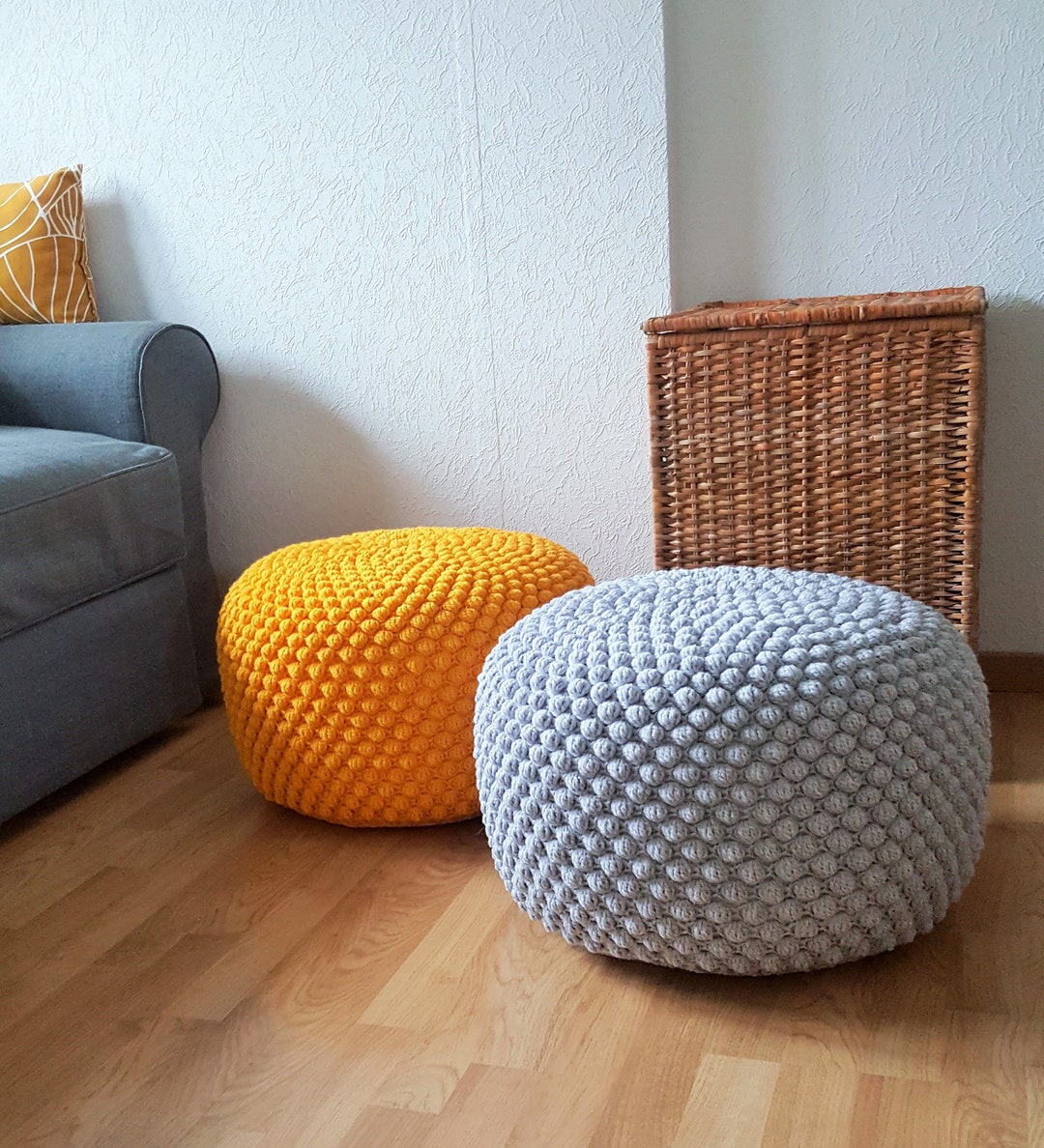 Crochet Yellow Round Pouf / Large Wool Ottoman / Knit Floor Pillow ...