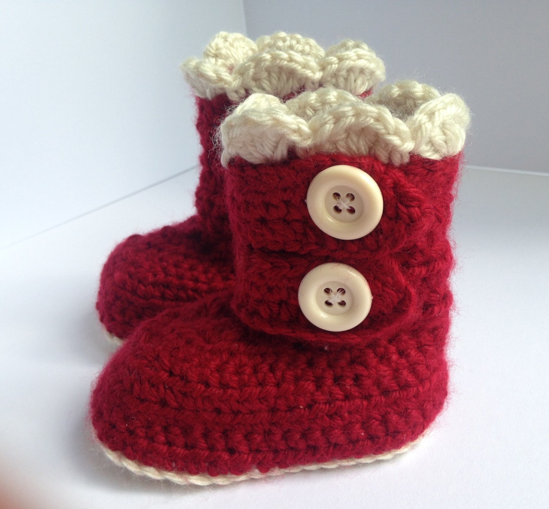 Red Crochet Baby Booties: Button Strap, Acrylic Snow Boots - Etsy Canada