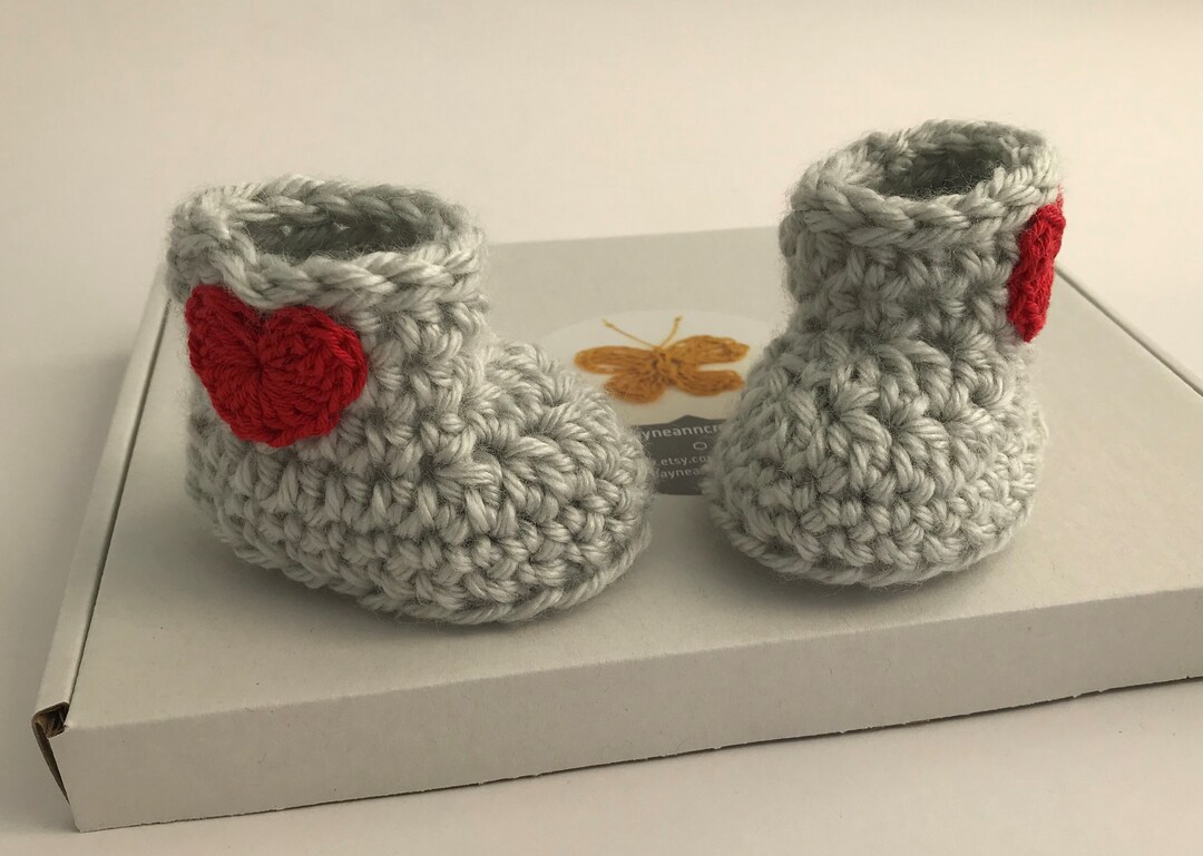Red Heart Crochet Baby Booties. Baby Gift. Grey Booties. Newborn Gift ...