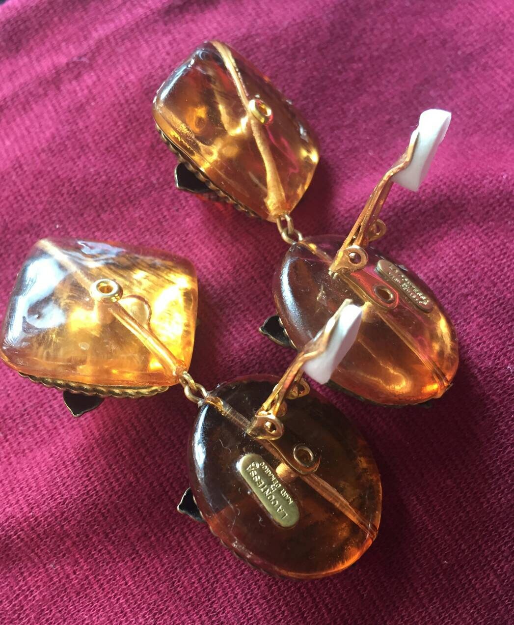 La Contessa by Mary Demarco Signed Acorn Earrings Clip on Amber Lucite ...