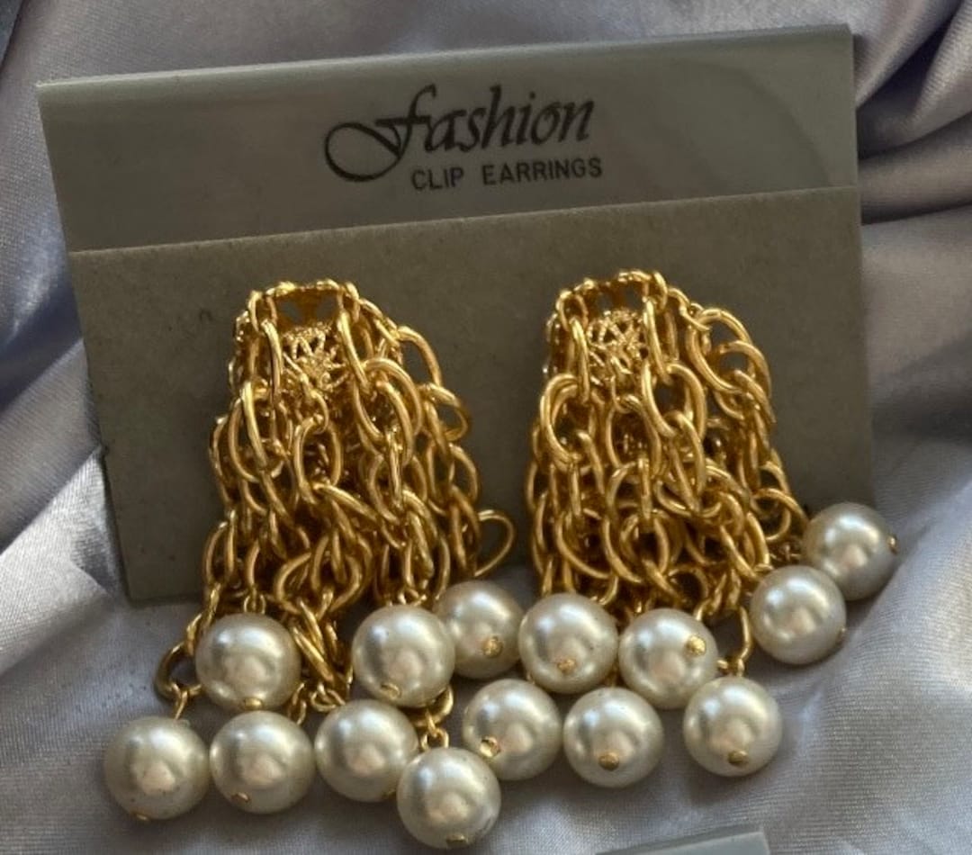 Fab Nos Waterfall Chain Link Faux Pearl Earrings Clip on Gold - Etsy
