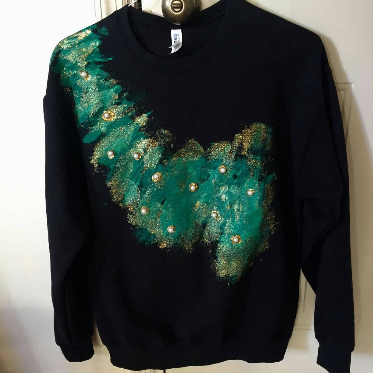 New GOLD Glitter Abstract Hand-painted Sweatshirt Green Pearl Accents ...