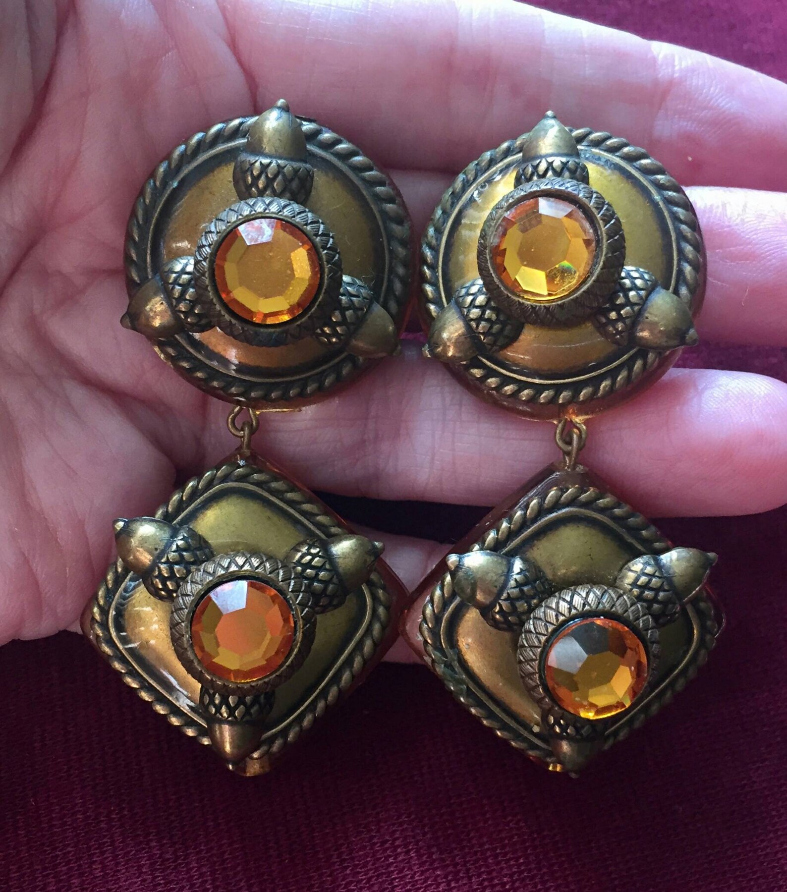 La Contessa by Mary Demarco Signed Acorn Earrings Clip on Amber Lucite ...