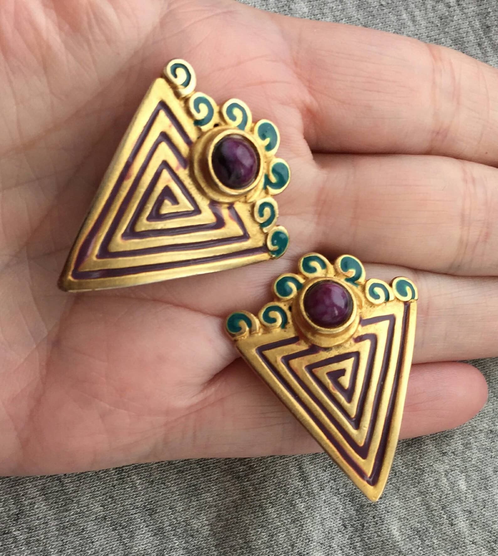 Aztec Art Deco Triangle Cabochon Gold Tone Earrings Enamel - Etsy