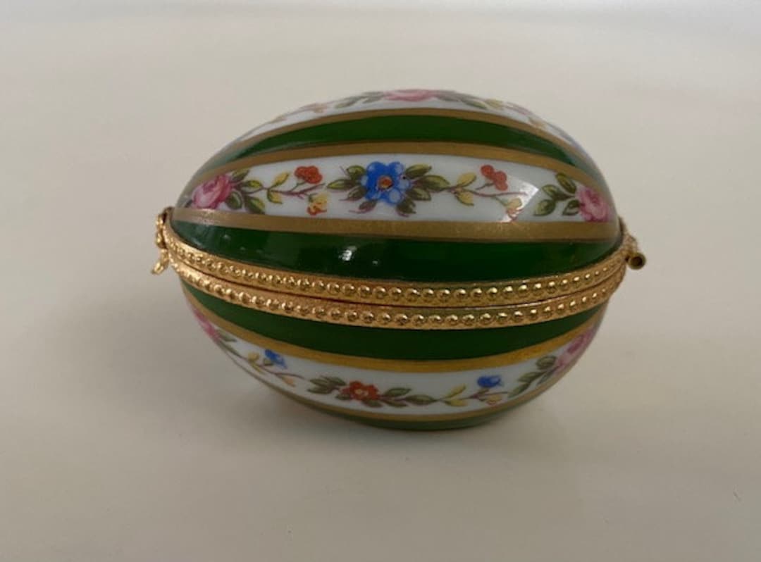 Limoges Egg Trinket Box, Green and White Porcelain Box, Collectable ...